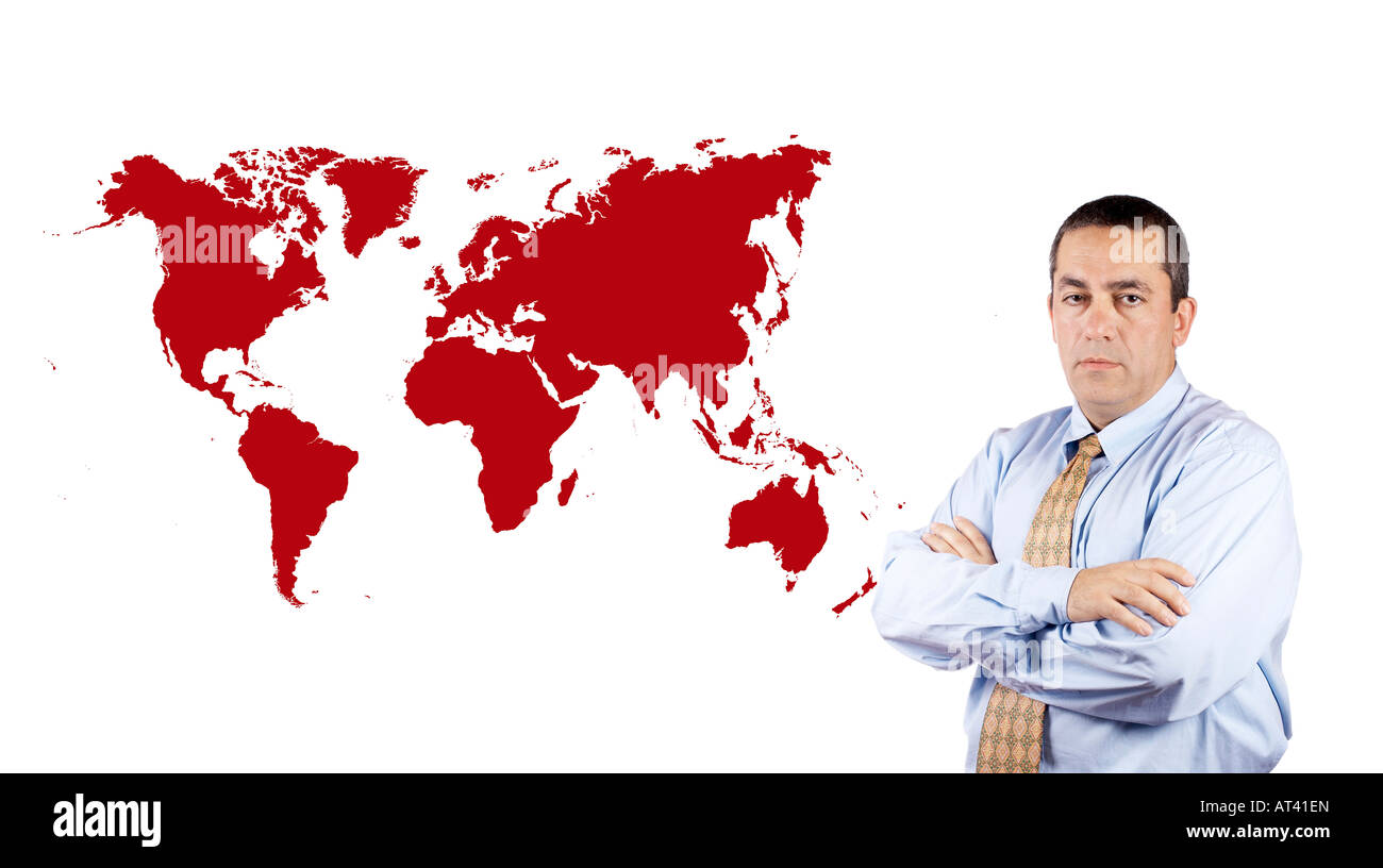 Business man standing next to a world map Stock Photo - Alamy