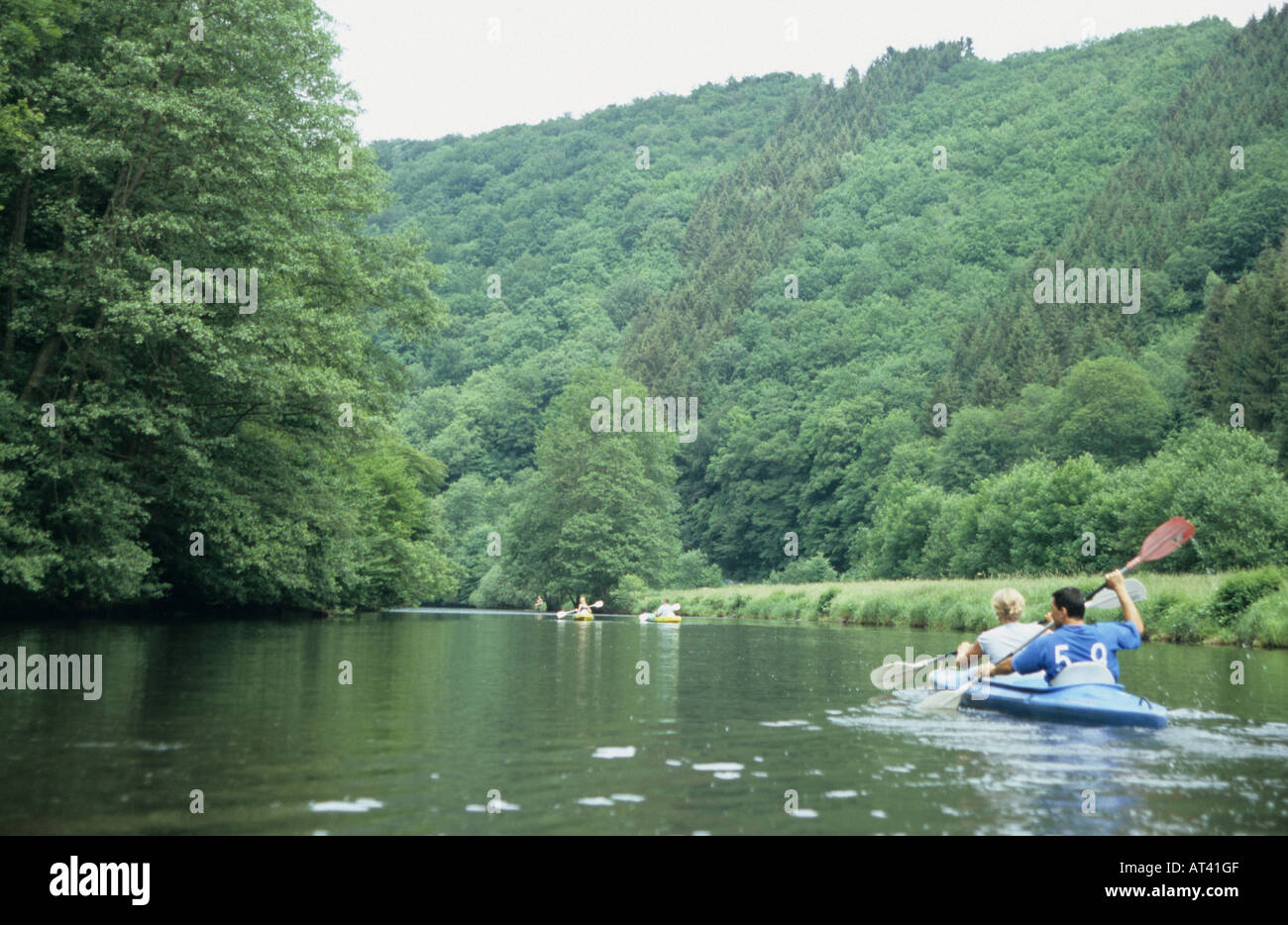 canoeists on the Ourthe river in the Belgian Ardennes Belgium Stock ...
