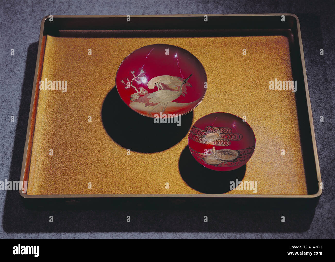 fine arts, Japan, lacquer work, tray with bowls, red and gold lacquer ...