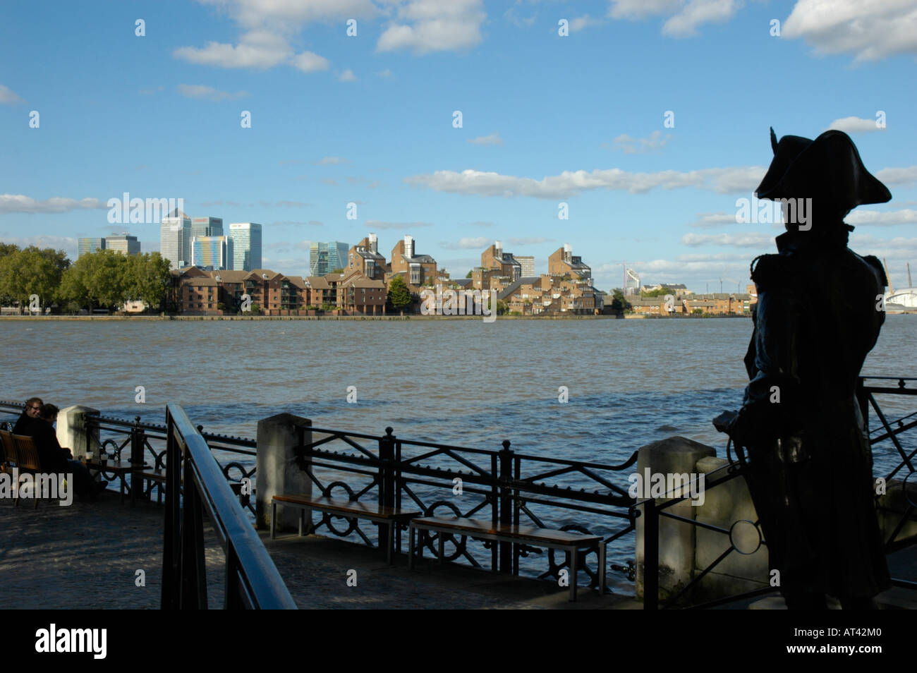 Statue of Nelson looking over Docklands and the River Thames Greenwich ...