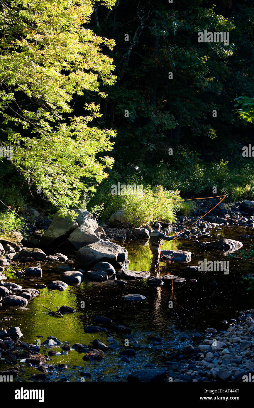 A man fly-fishing on the Isinglass River in Barrington, New Hampshire ...