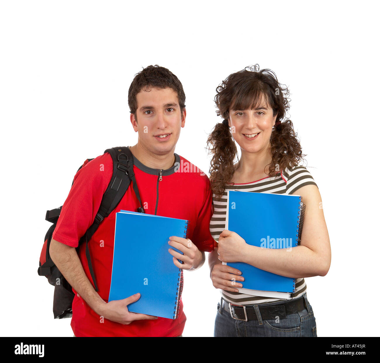 Two students with books and backpacks over a white background Stock ...