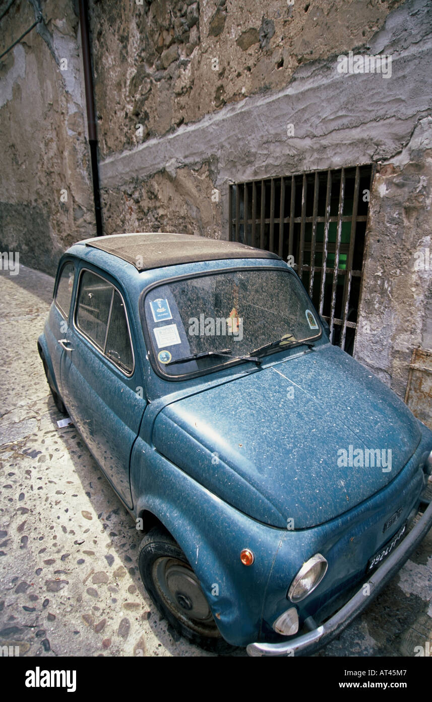 ItalyPalermo Province, SicilyCefalúDirty old blue Fiat 500 in the old ...