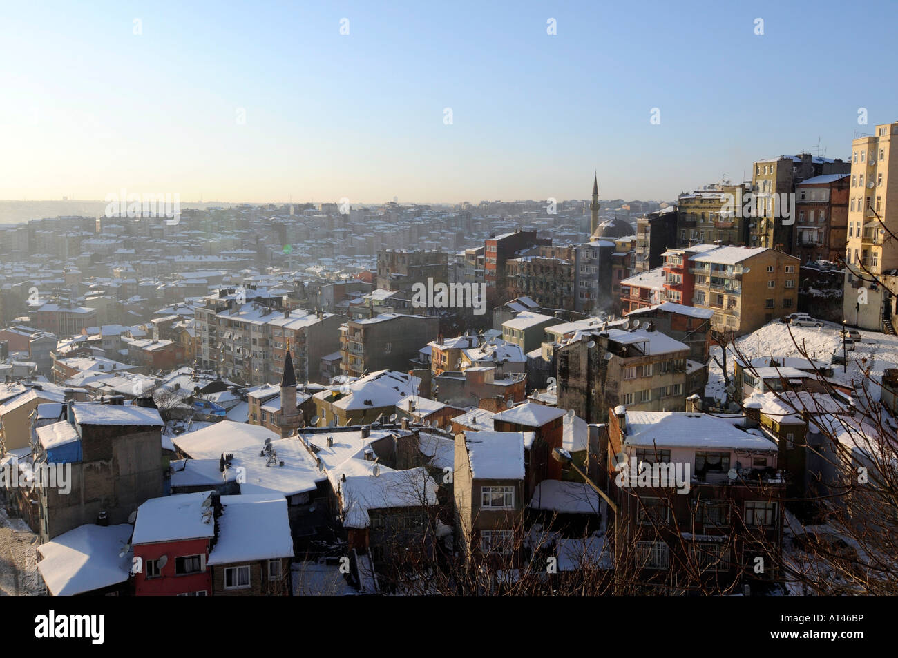 Winter scenes in Istanbul with a snow-covered mosque near Ataturk ...
