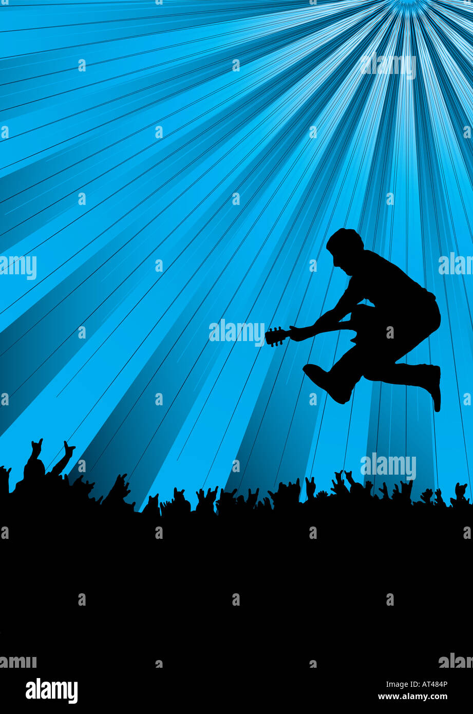 guitarist jumping into a crowd at a concert with a blue background ...