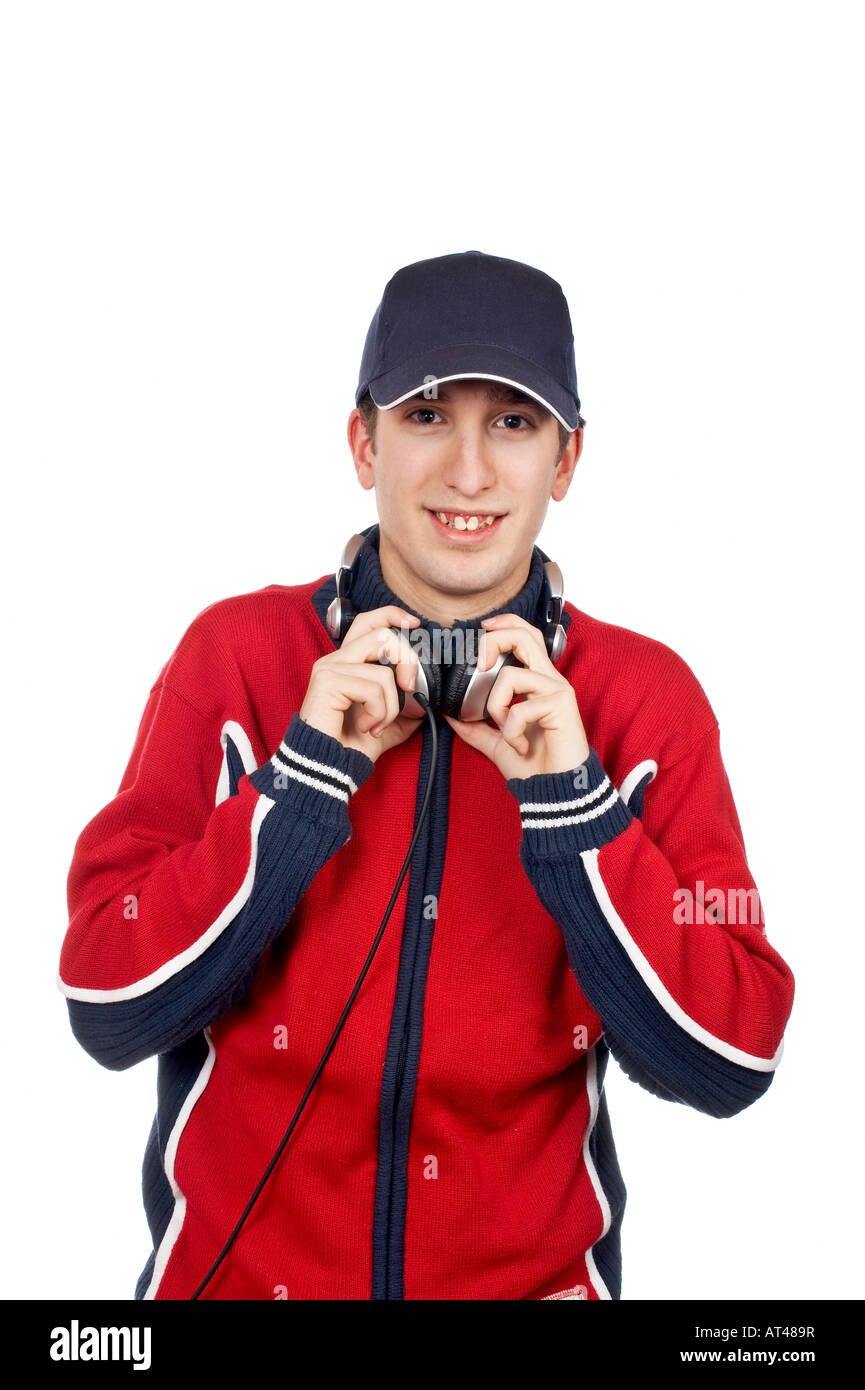 Disc jockey with headphones on white background Stock Photo - Alamy