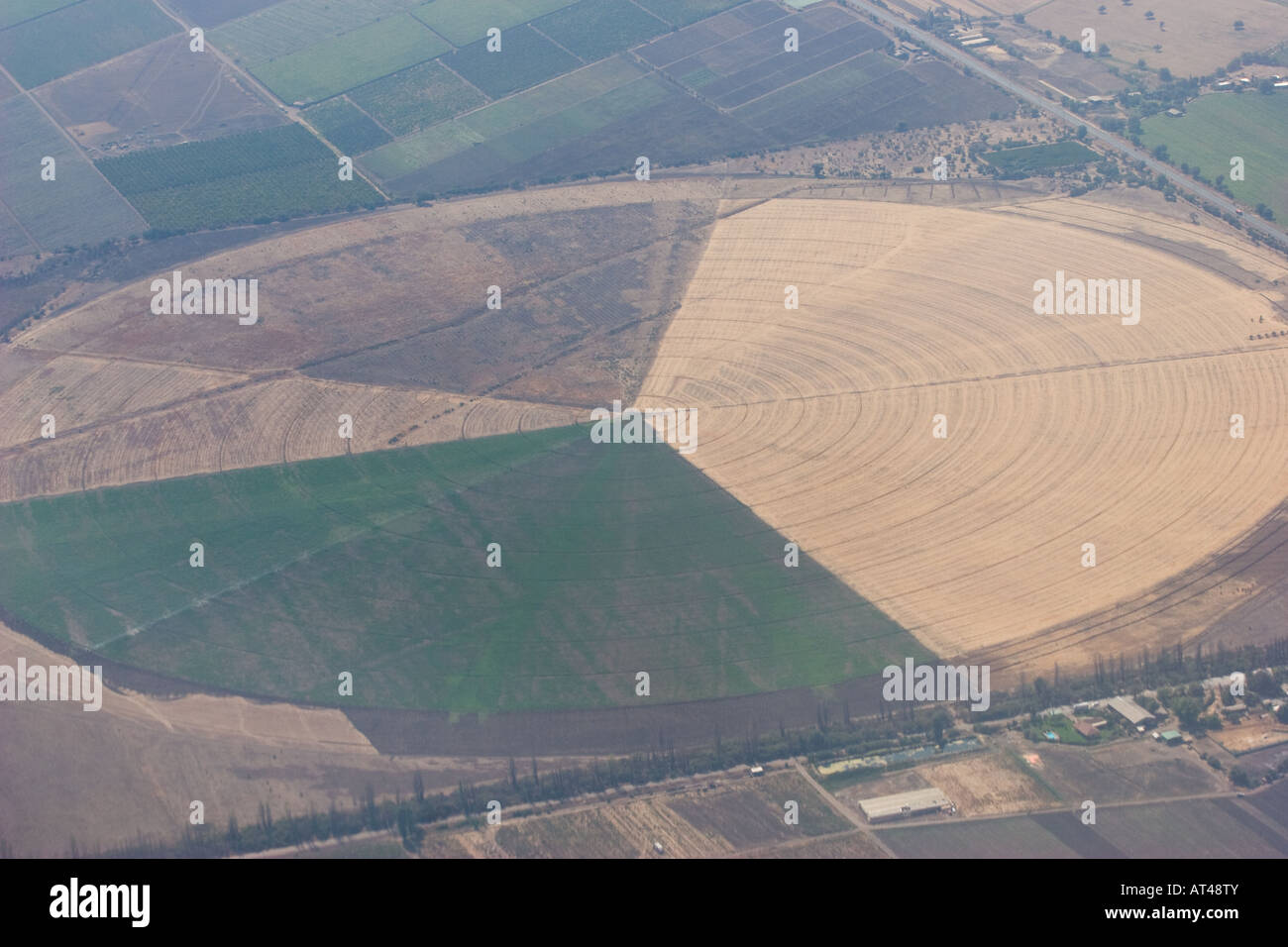 Aerial view of a circular agriculture farm field in Chile near Santiago ...