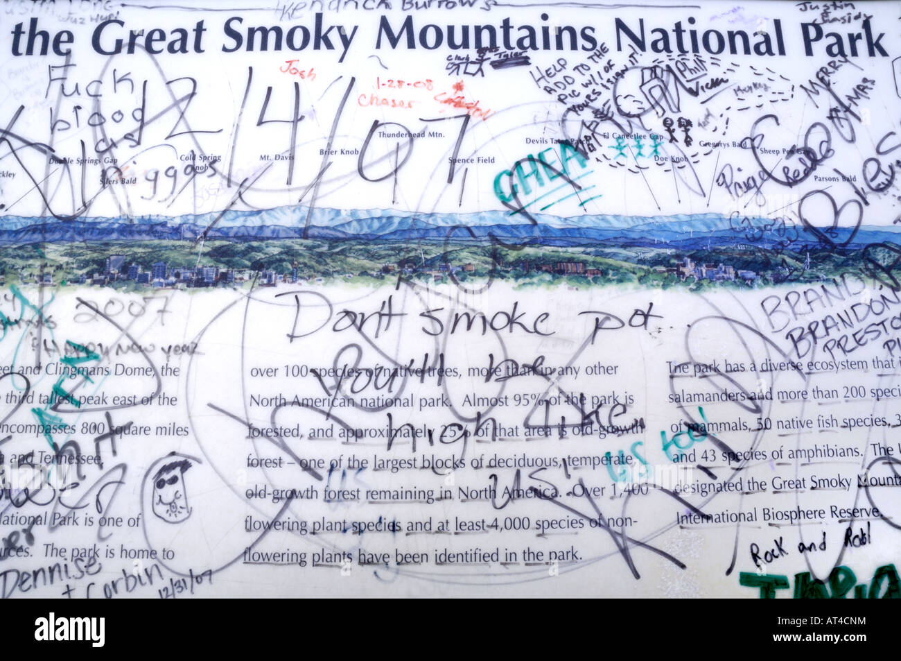 Smoky Mountains National Park sign with graffiti from young people ...