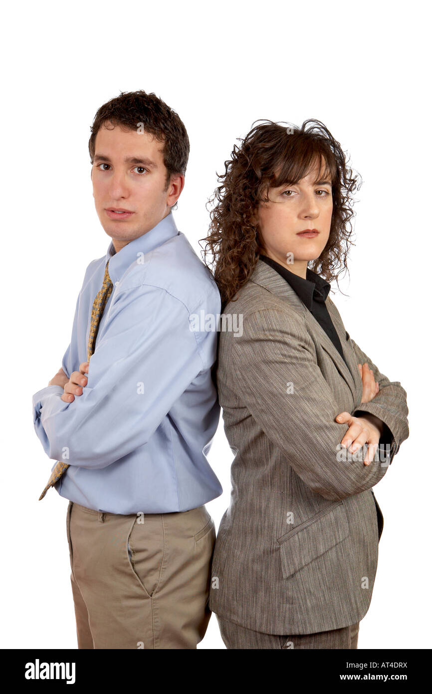 Business man and woman standing over a white background Stock Photo - Alamy