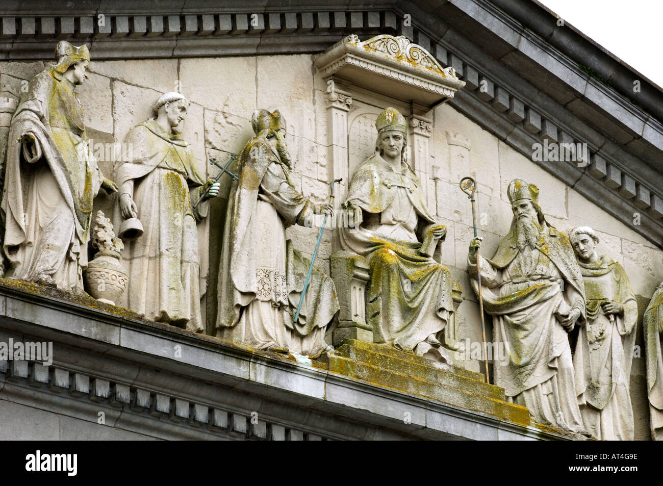 Detail of grey limestone façade of 19th C. St. Mel's Roman Catholic ...