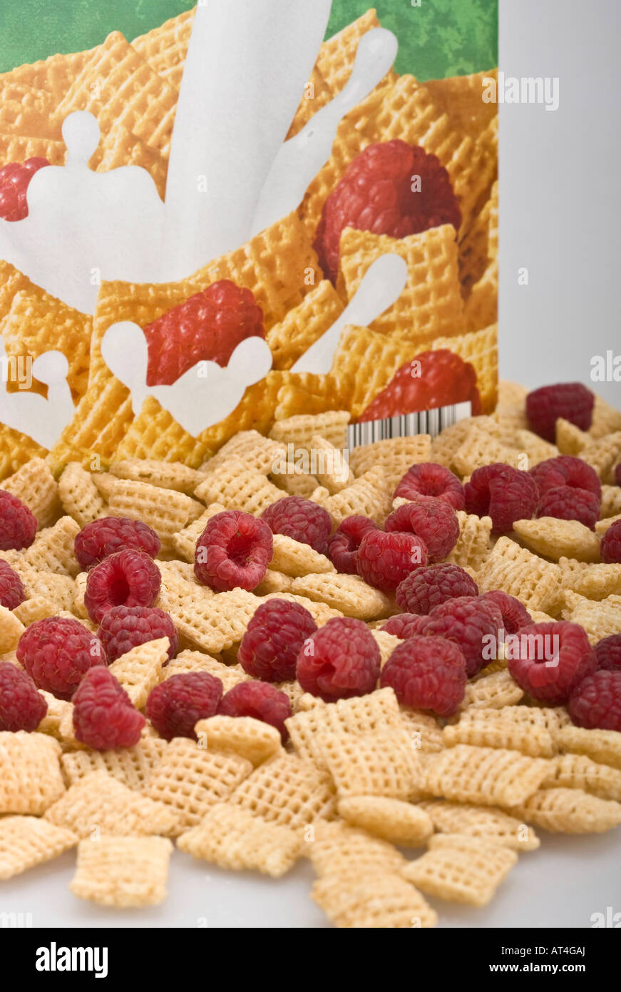 Cereal box Corn Squares Raspberries fruits breakfast for kids overhead ...
