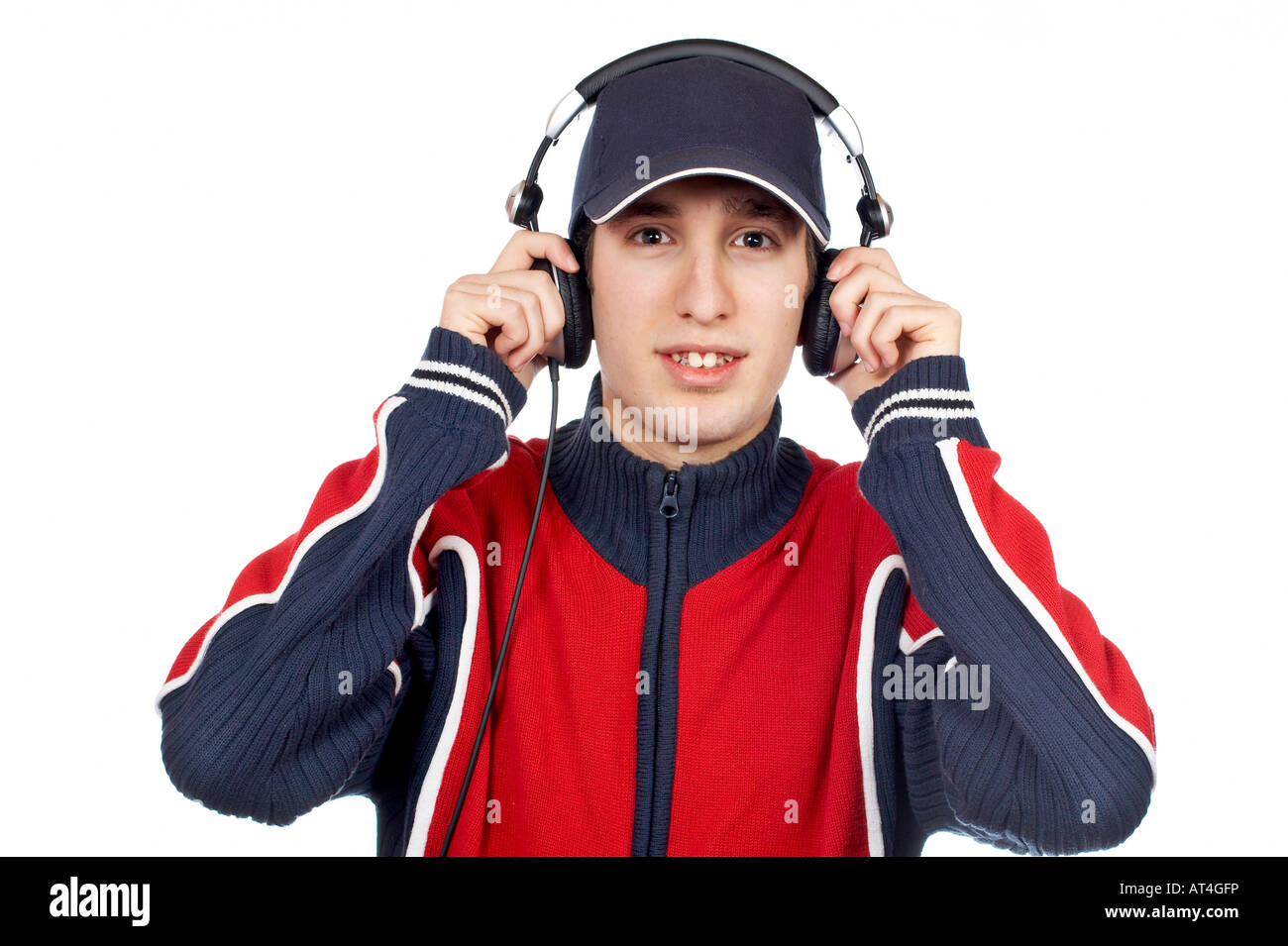Disc jockey with headphones on white background Stock Photo - Alamy