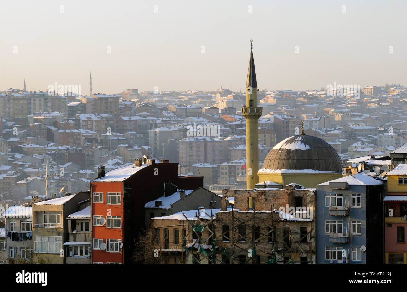 Winter scenes in Istanbul with a snow-covered mosque near Ataturk ...