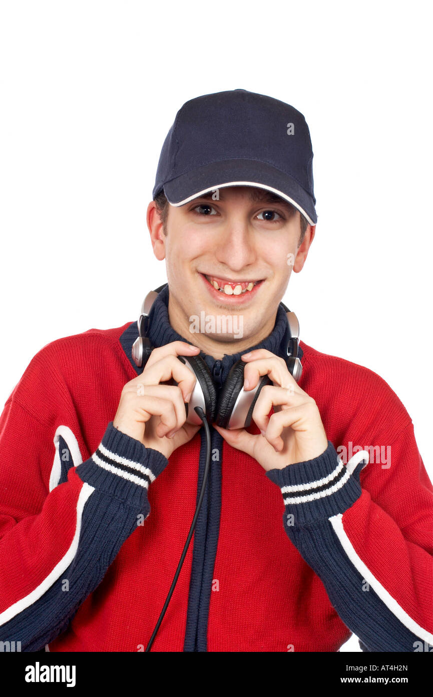 Disc jockey with headphones on white background Stock Photo - Alamy