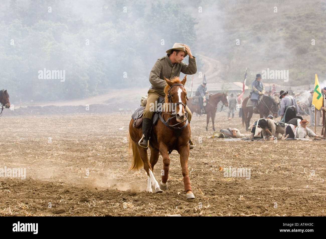Mounted soldier in battlefield at Civil War Reenactment event Stock ...