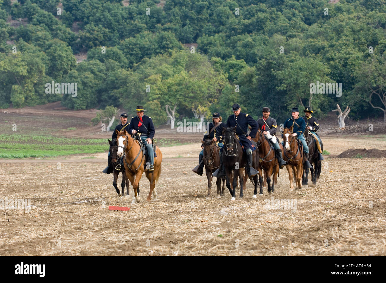 Mounted soldiers in battlefield at Civil War Reenactment event Stock ...