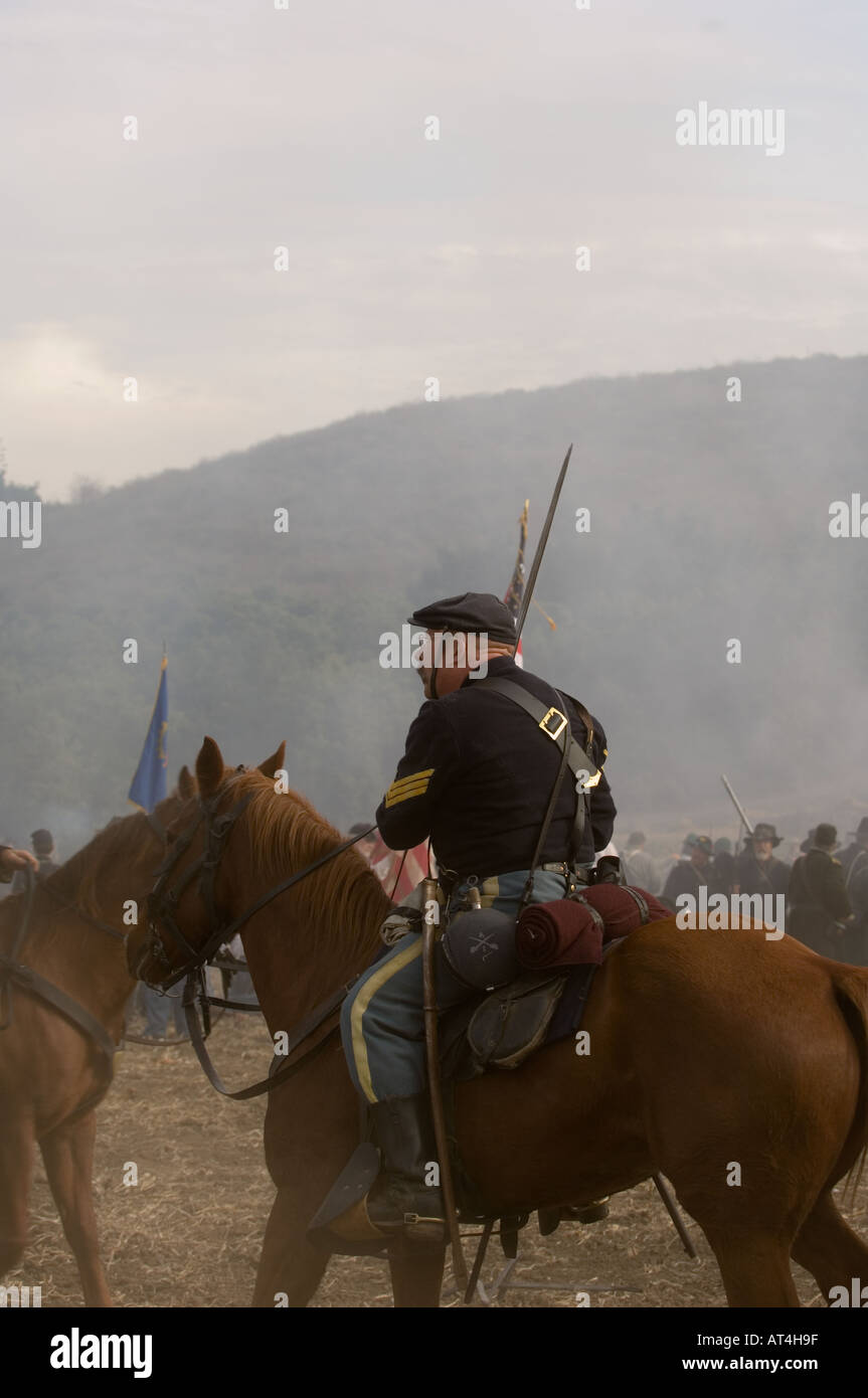 Mounted soldier in battlefield at Civil War Reenactment event Stock ...