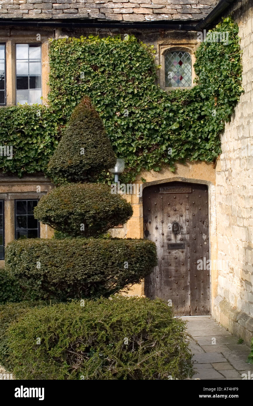 Windows and topiary, Ancient wooden front door, Broadway, Cotswolds ...