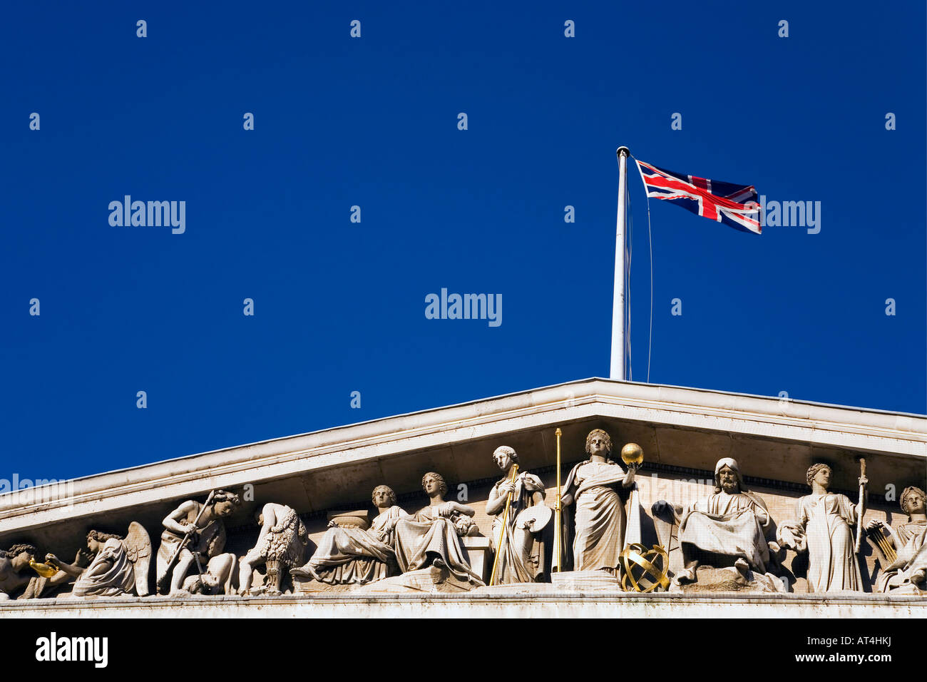 British Museum Front Entrance facade carved sculptures with Union Jack ...