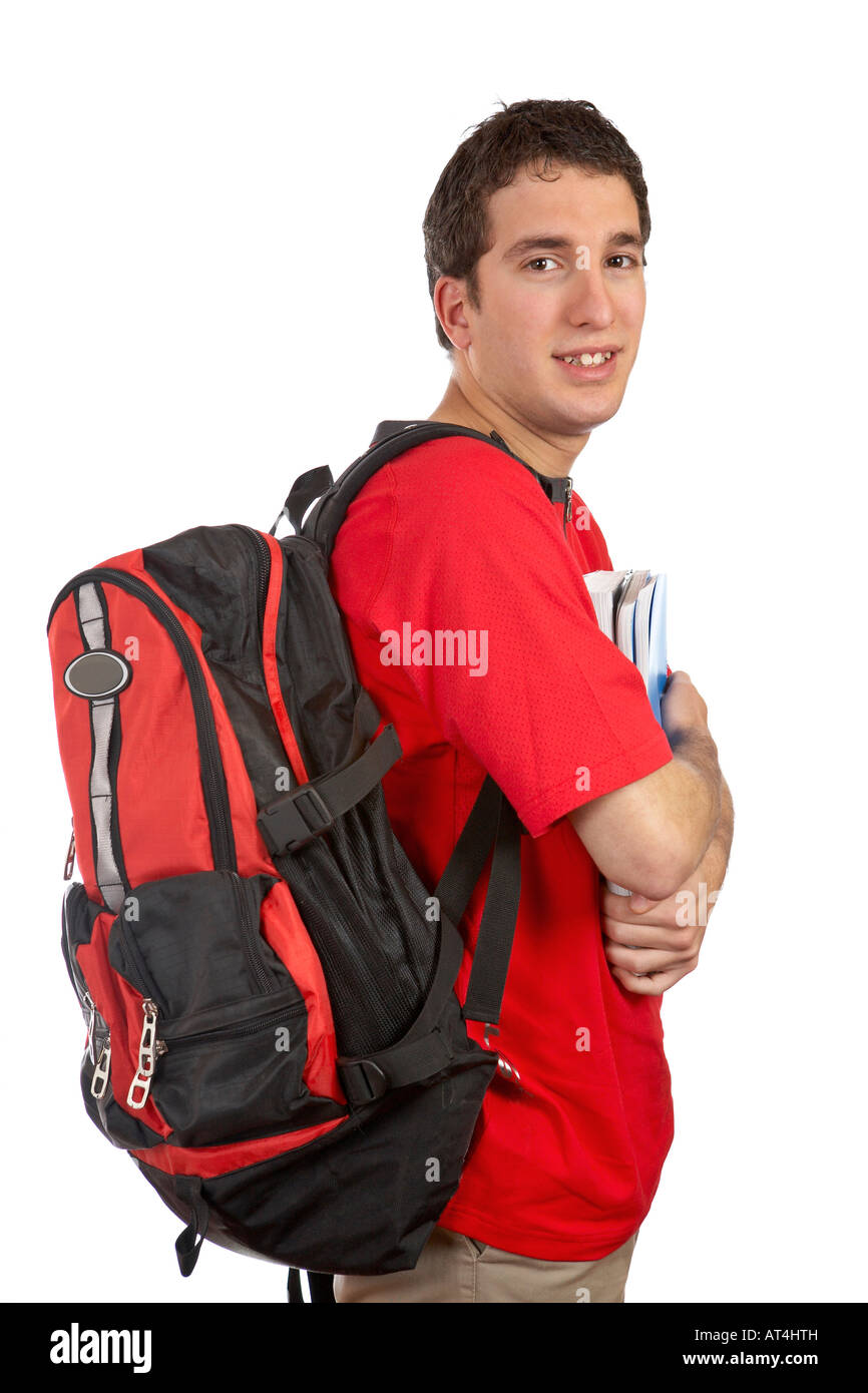 Teen student with a black backpack on white background Stock Photo - Alamy