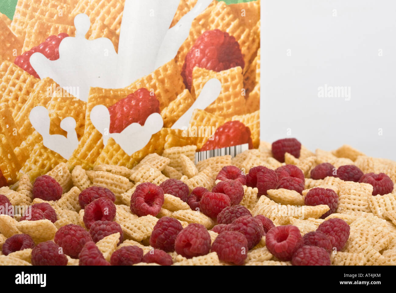 Cereal box Corn Squares Raspberries fruits breakfast for kids overhead ...