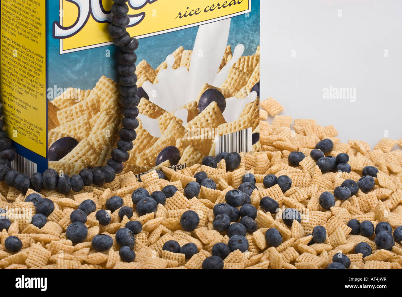 The box of Rice Squares cereal with Blueberries fruit closeup close up ...