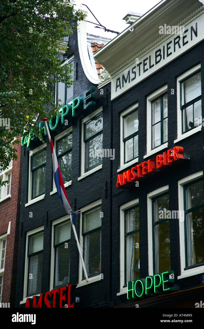 Netherlands, North Holland, Amsterdam. Neon beer signs on the front of ...