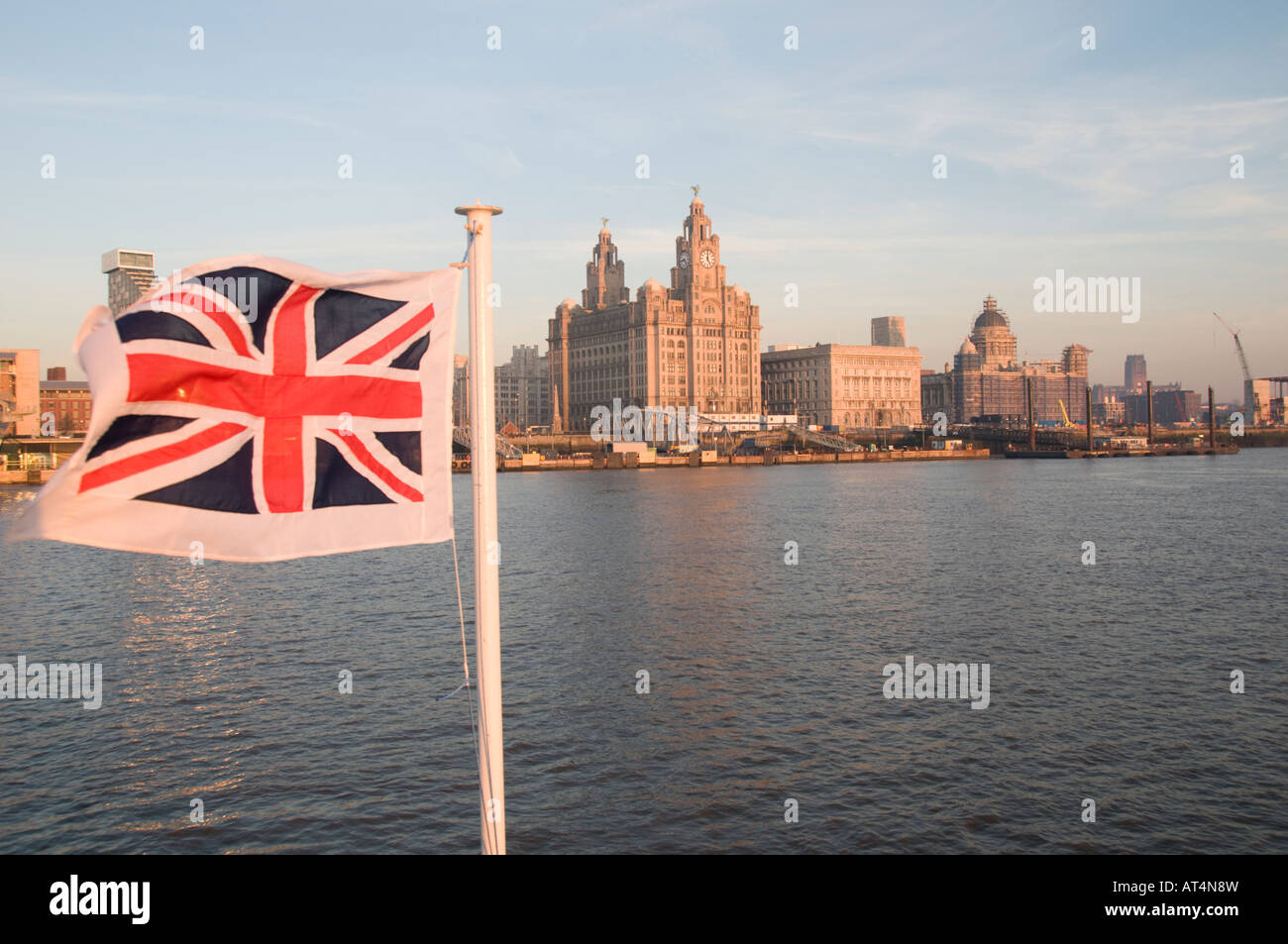 View of Liverpool iconic buildings and Union Jack from the Mersey Ferry ...