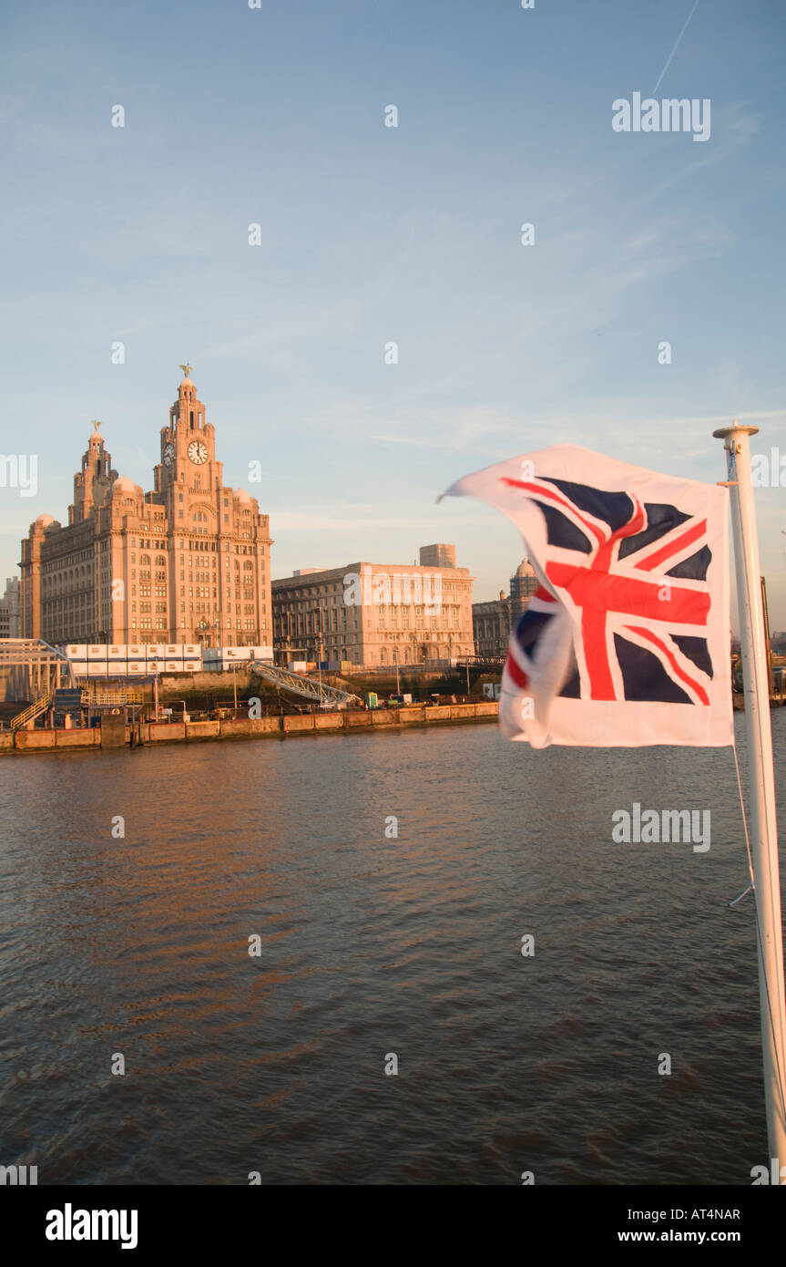 View of Liverpool iconic Liver building and Union Jack from the Mersey ...