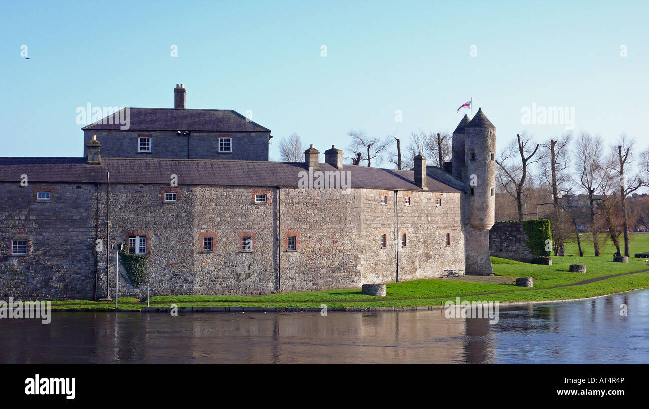 Wall and tower of Enniskillen Castle on the River Erne in County ...