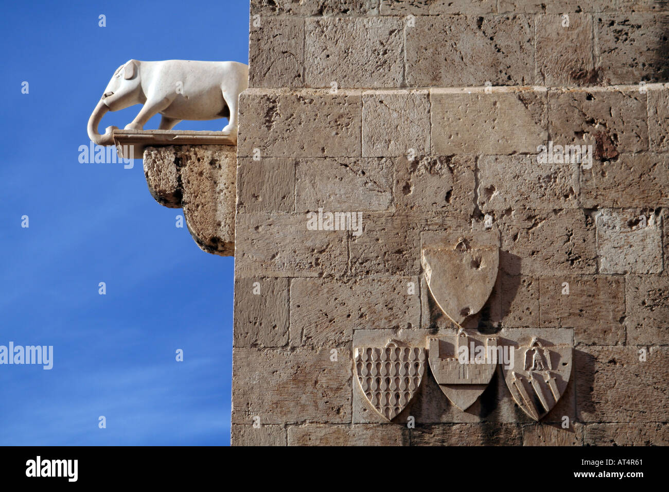 Elephant statue and coat of arms on the Elephant's Tower in Cagliari ...
