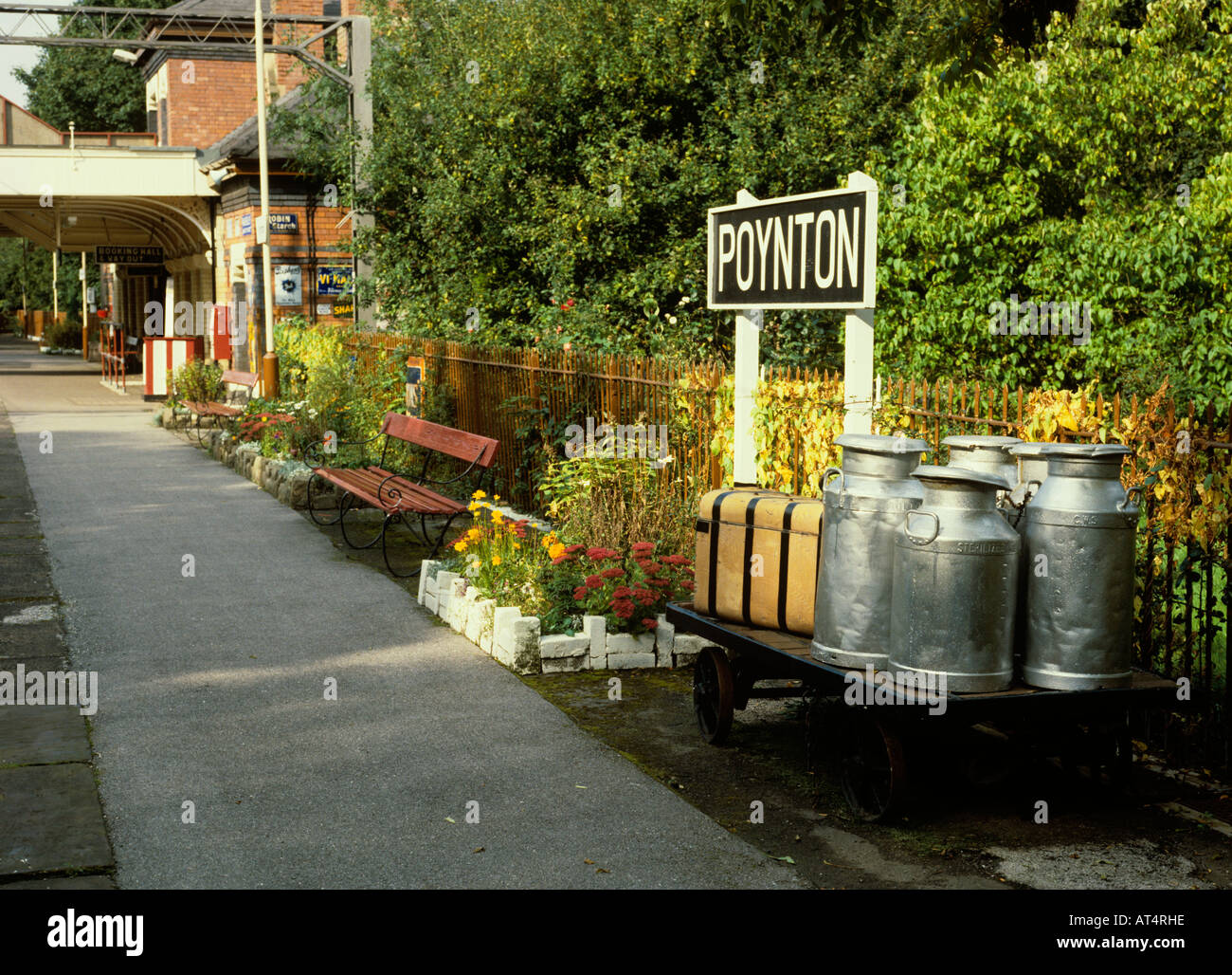 UK Cheshire Poynton railway station platform decorated with nostalgic ...