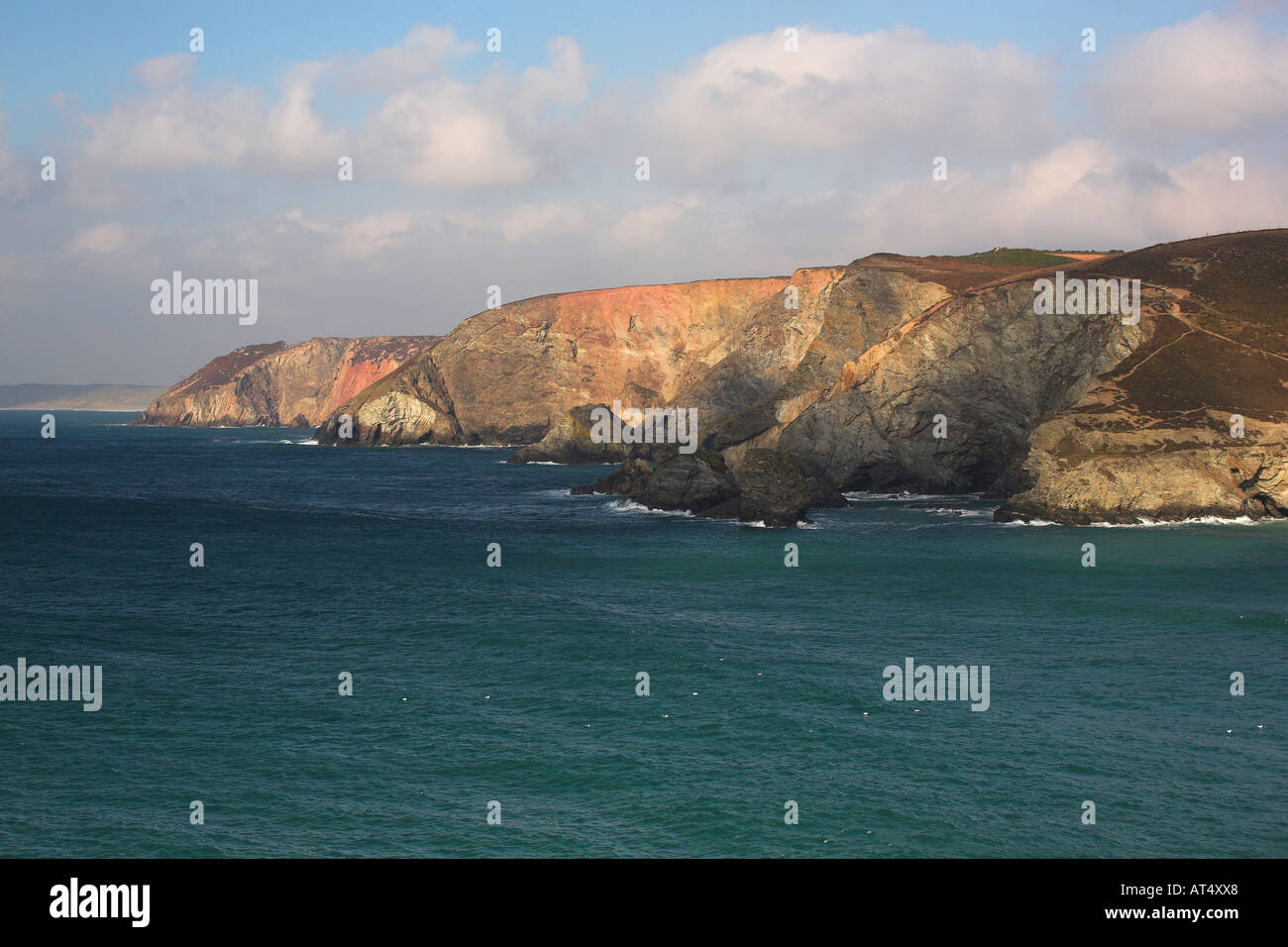 The North Cornish coast cliffs in the late afternoon sunlight. near St ...