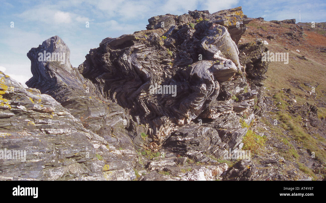 Contorted rock strata above Boscastle harbour North Cornwall Stock ...