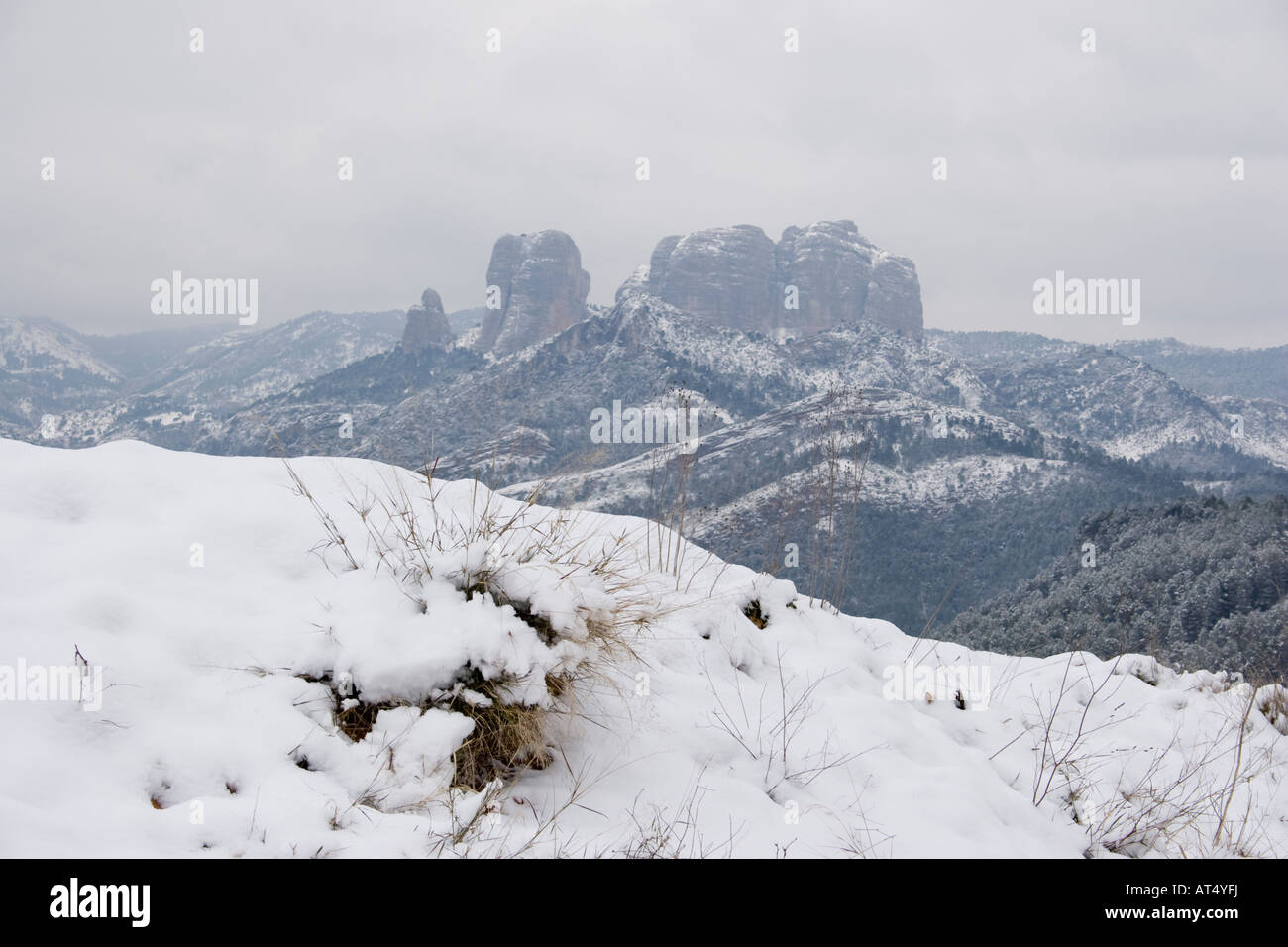 Snowy landscape Roques de Benet, Horta de Sant Joan, Tarragona, Spain ...