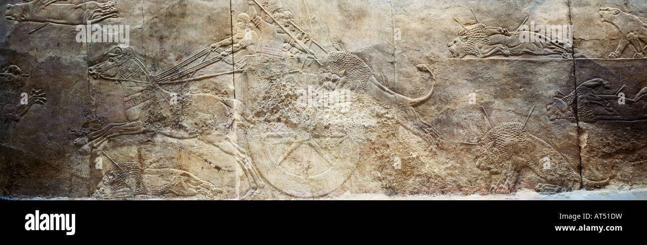fine arts, ancient world, Assyrians, lion hunt, the king on a chariot ...