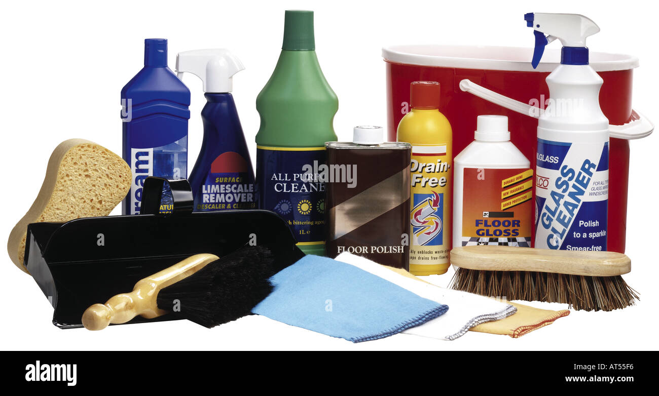 Photograph of various domestic cleaning materials Stock Photo - Alamy