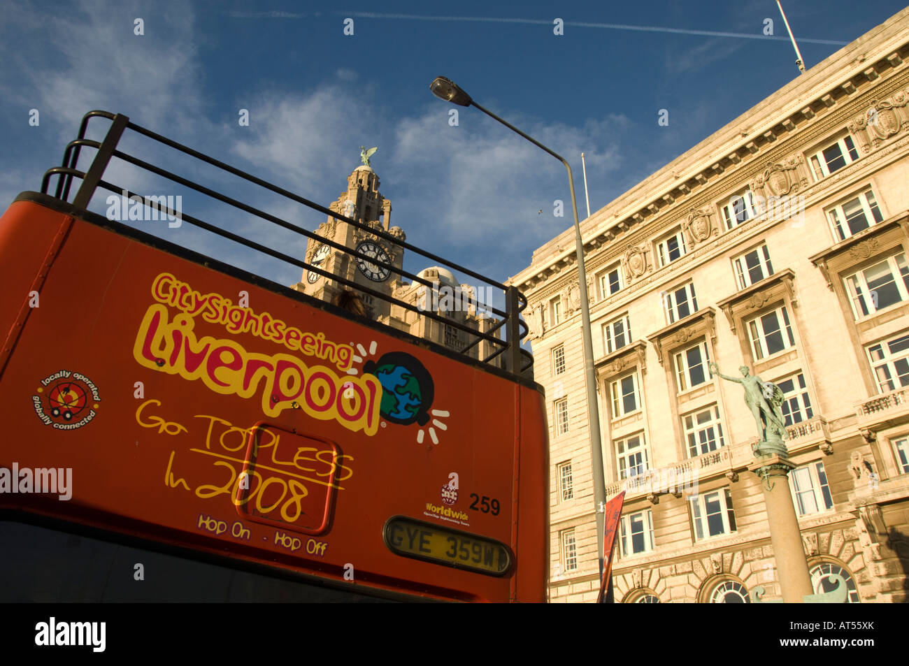 Open top tourist sightseeing double decker red bus in front of the ...