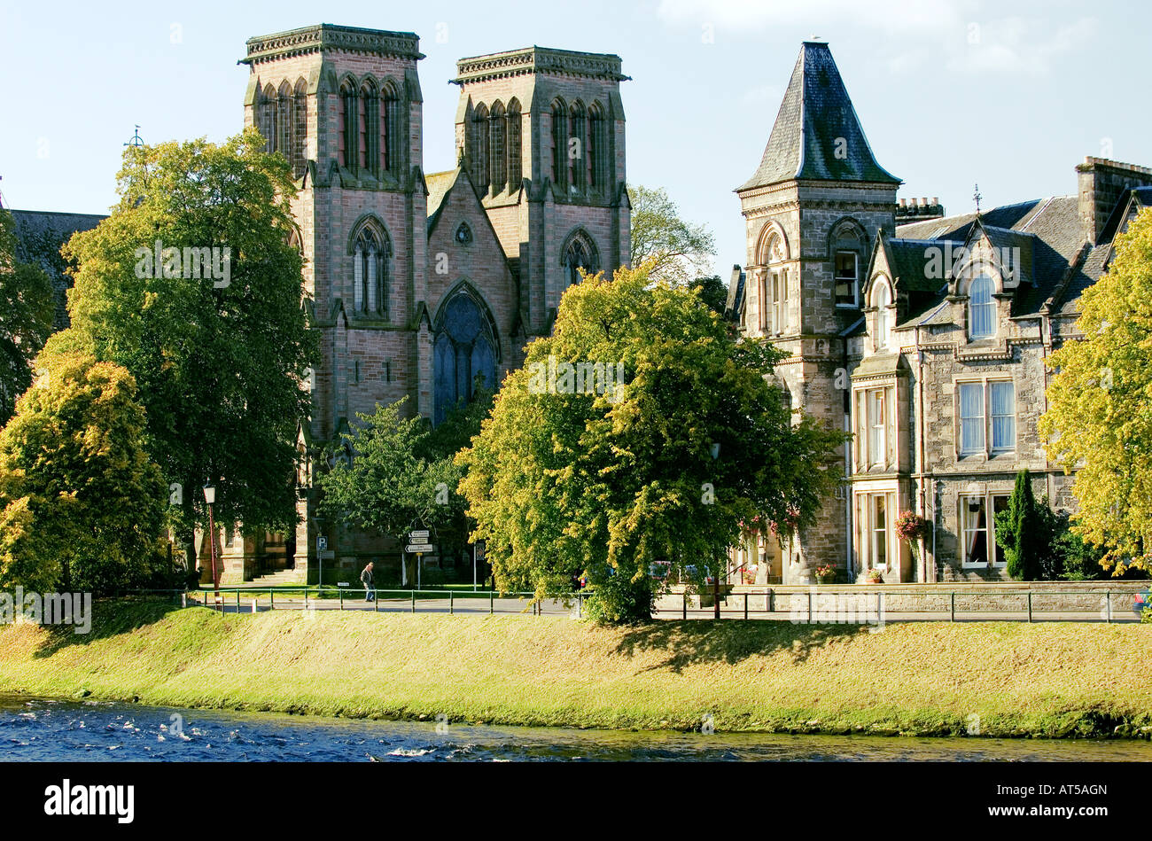 Inverness Cathedral and the Victorian period Tower Hotel on the banks ...