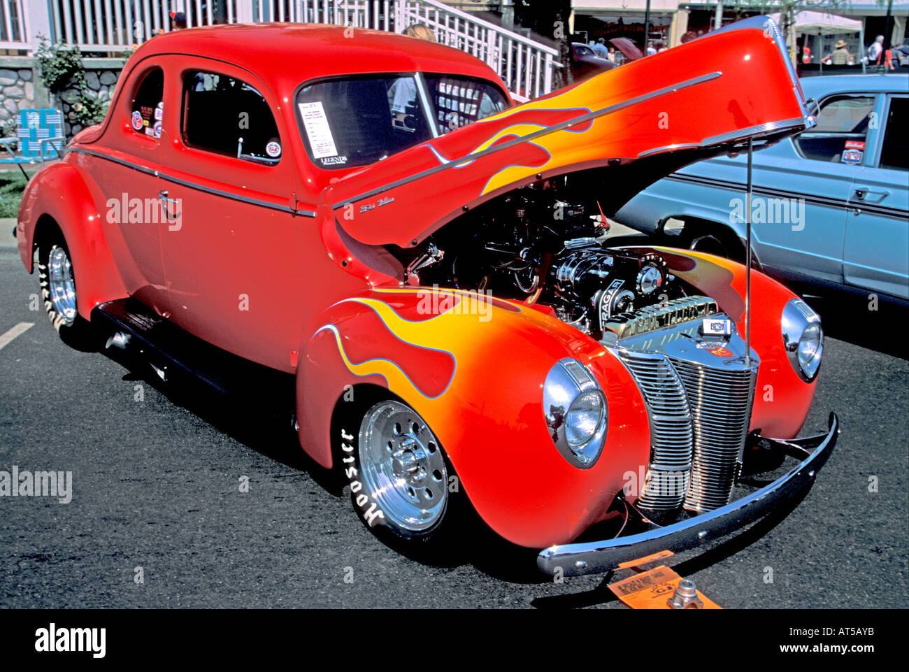 Ford Deluxe V8 supercharged red with yellow flames hot rod Stock Photo ...