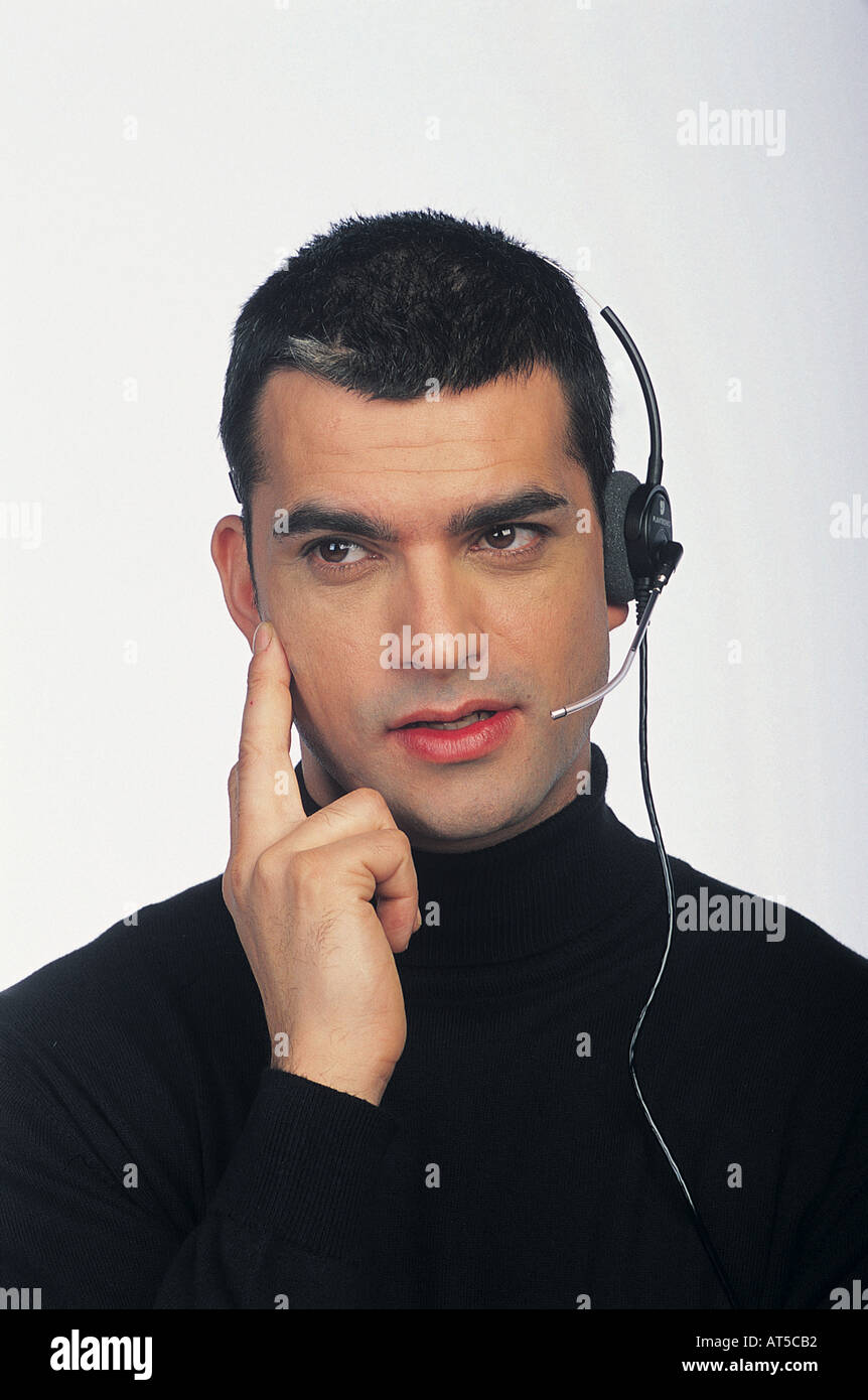 man wearing telephone headset Stock Photo - Alamy