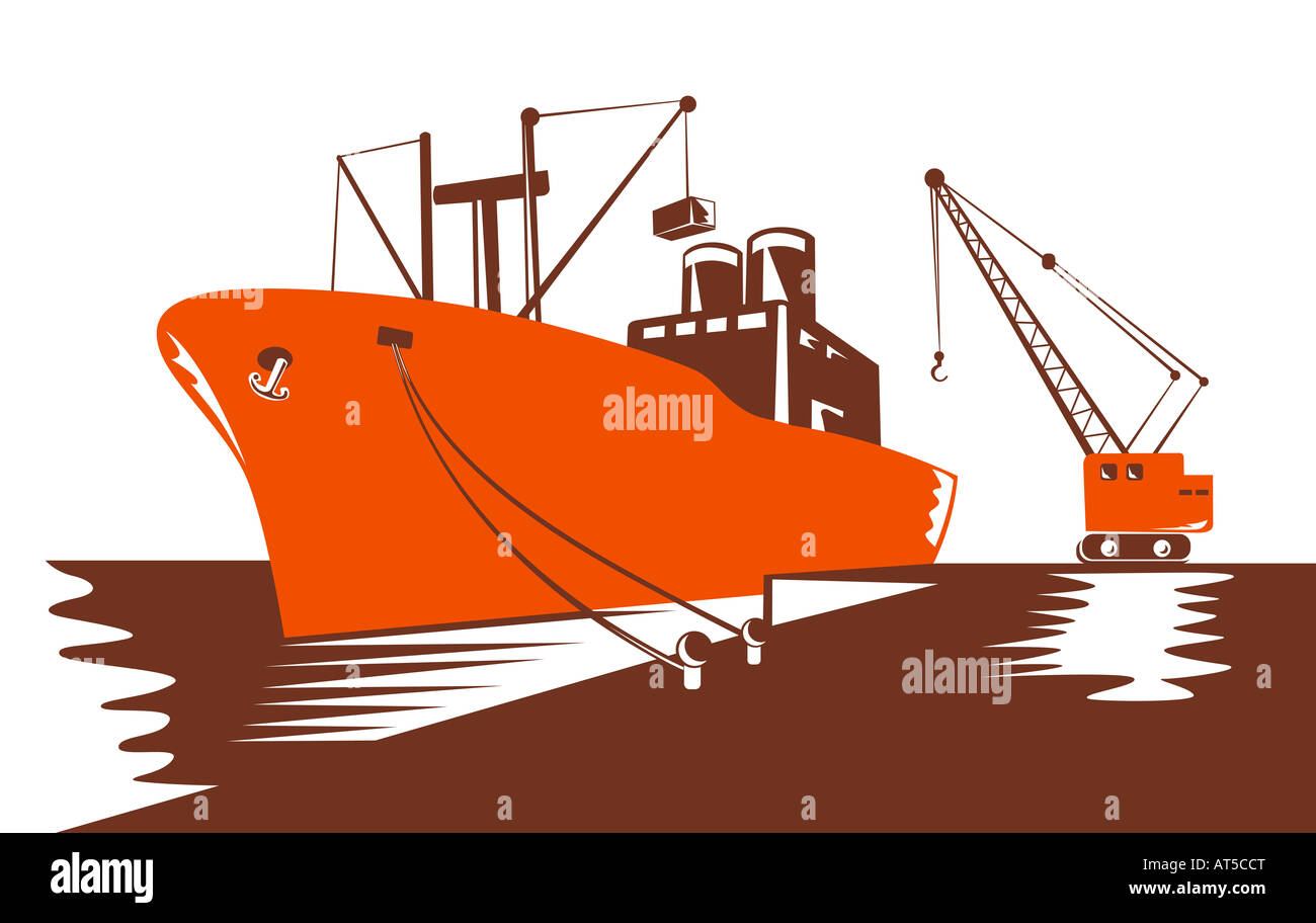 passenger cargo ship at the docks with derrick crane loading Stock ...