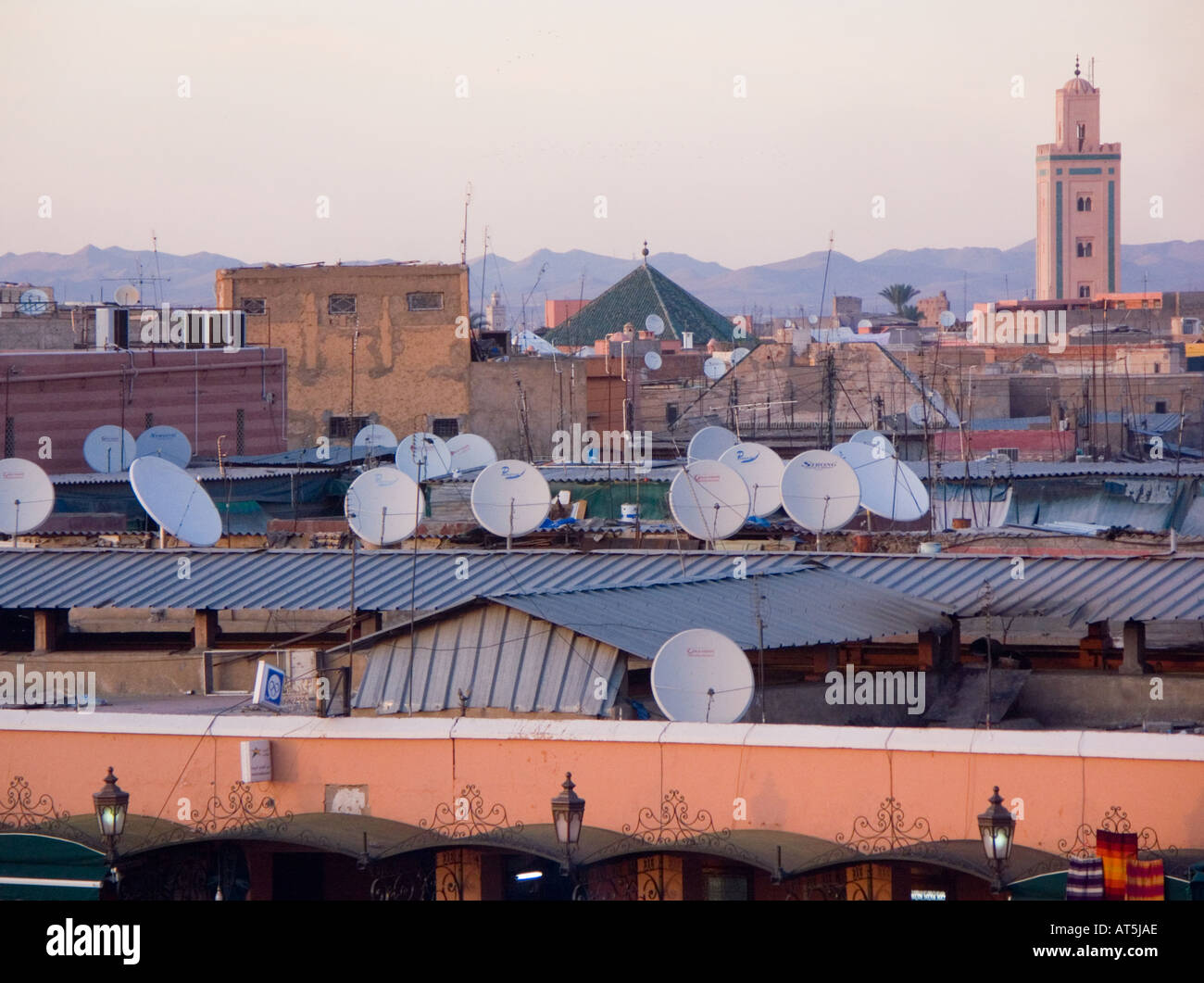 Morocco satellite dishes on the rooftops of old Marrakech souk district ...