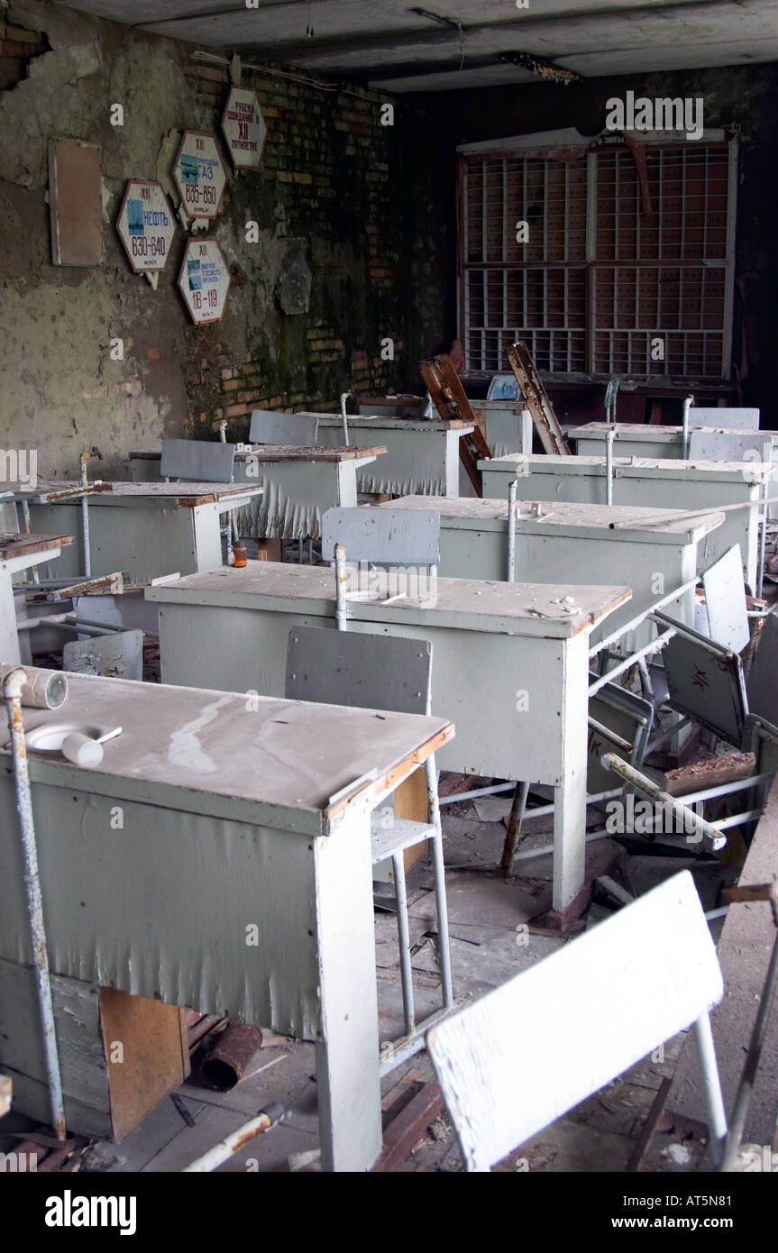 Classroom in a school in Prypiat (Chernobyl), Ukraine. 19 years after ...