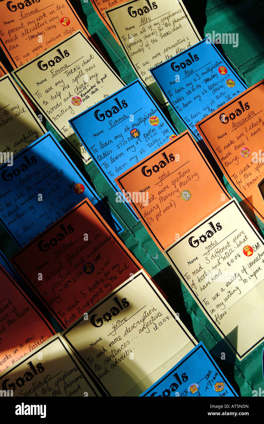 Childrens' handwritten goals on classroom wall Stock Photo - Alamy