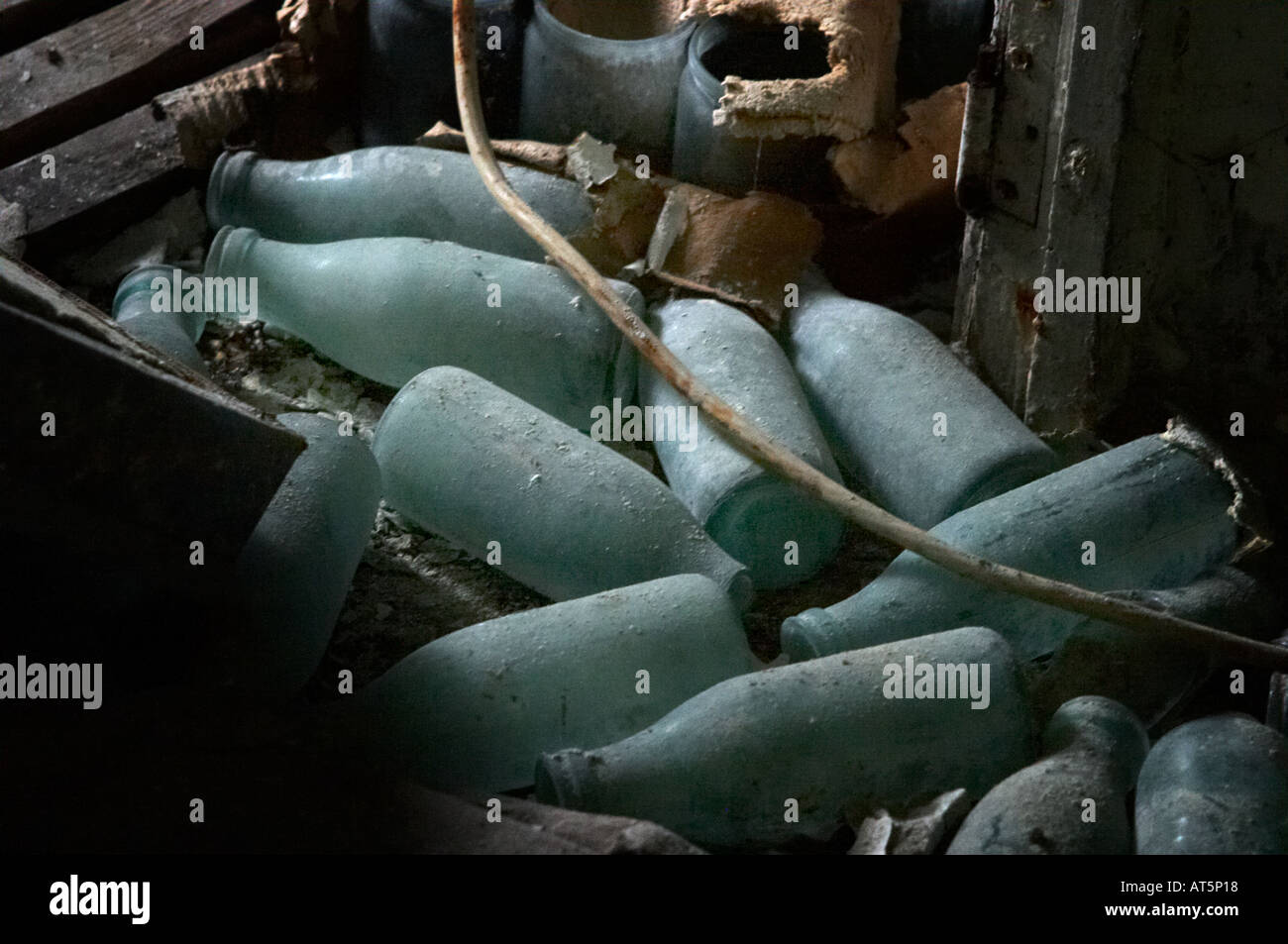Milk bottles in a school in Prypiat (Chernobyl), Ukraine. 19 years ...