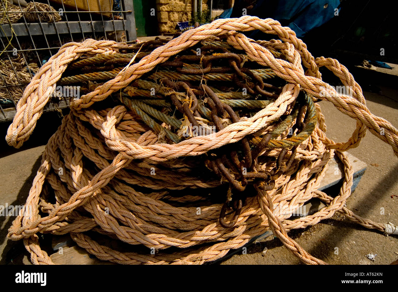 Israel Jaffa Old port a pile of mooring ropes on the dock Stock Photo ...