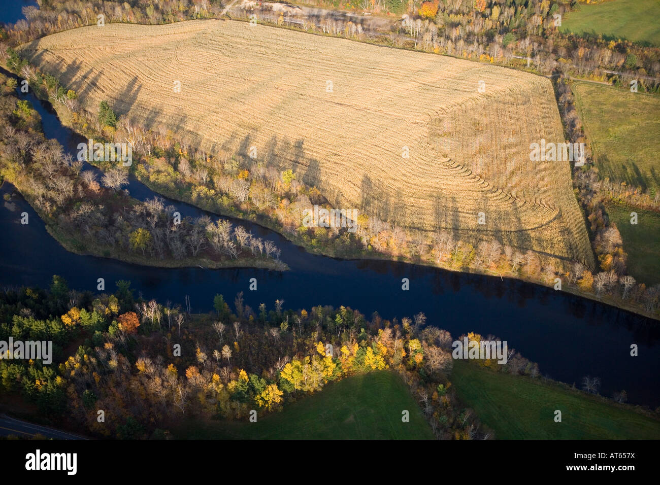 An aerial view of farms and the Connecticut River in Maidstone, Vermont ...