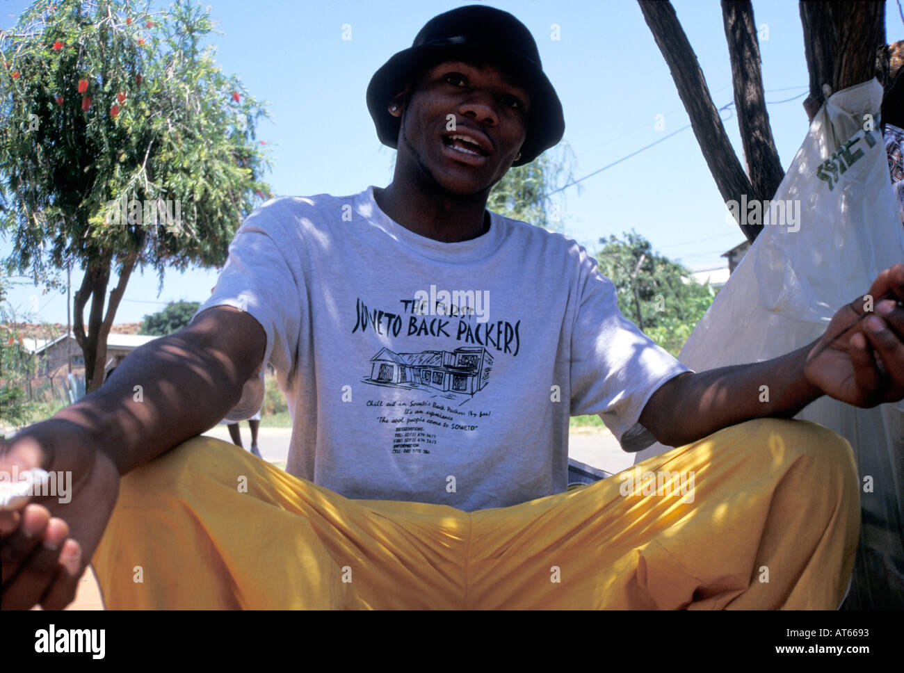 South Africa Soweto Young man wearing a T shirt advertising Soweto's ...