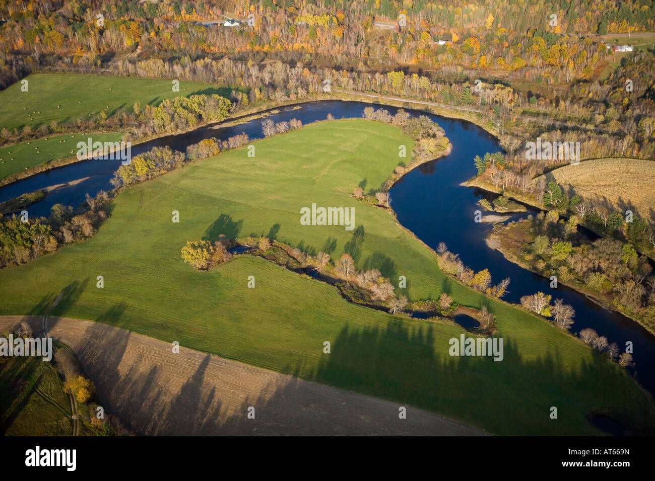 An aerial view of farms and the Connecticut River in Maidstone, Vermont ...